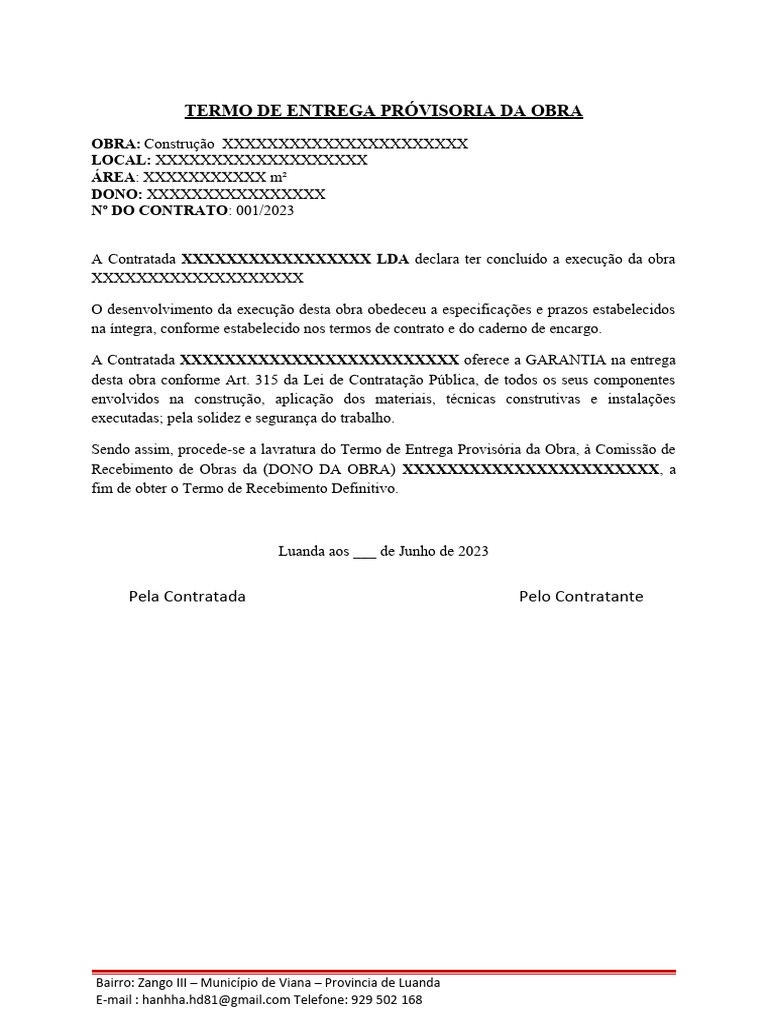 Modelo de Termo de Entrega Provisória e Garantia Da Obra | PDF