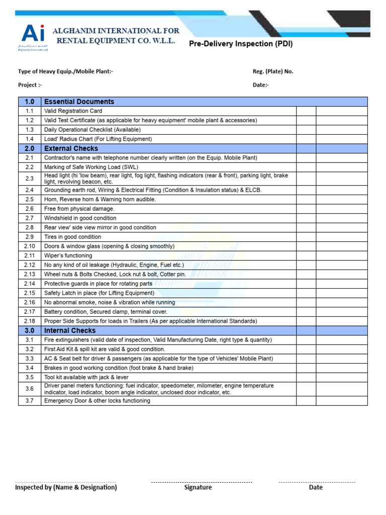 Alghanim International For Rental Equipment Co. W.L.L.: Pre-Delivery ...