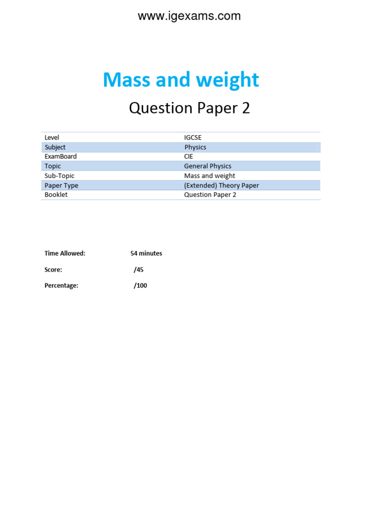 13.2-Mass and Weight-Cie Igcse Physics Ext-Theory-qp | PDF | Mass | Weight