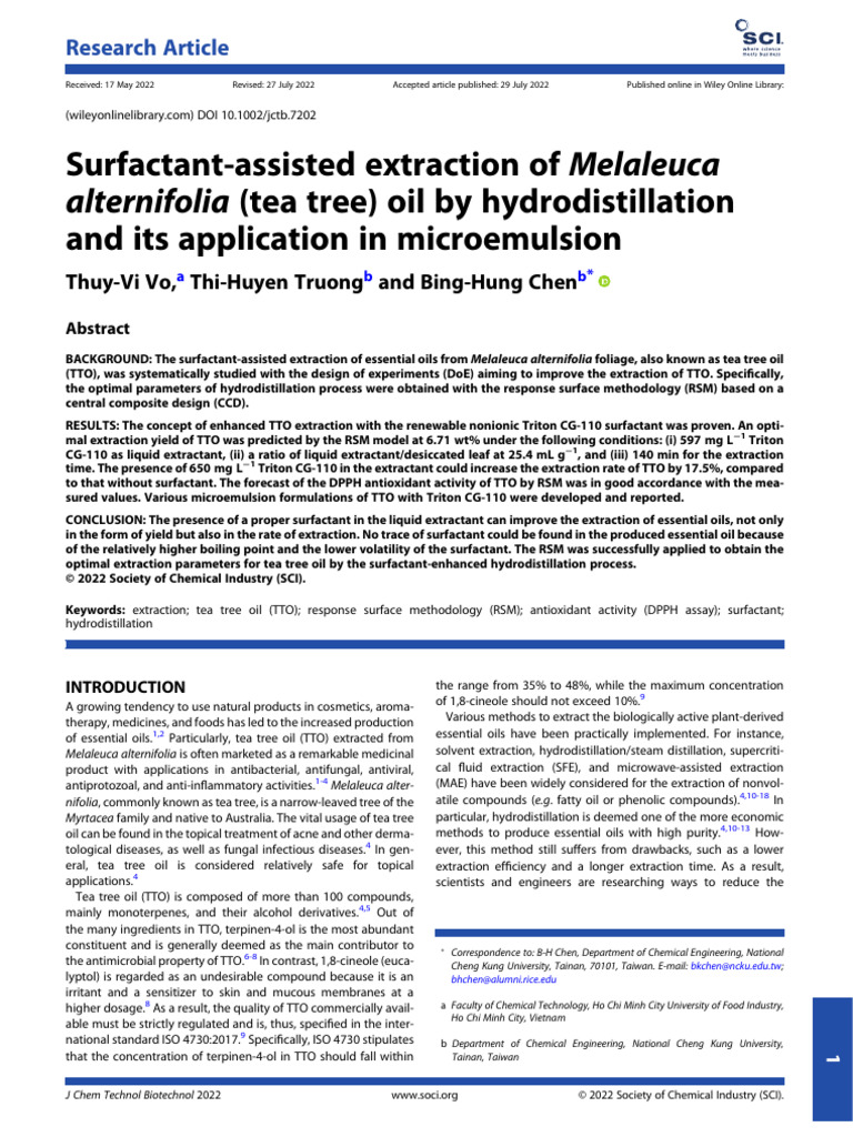 Surfactant-Assisted Extraction of Melaleuca Alternifolia (Tea Tree) Oil ...