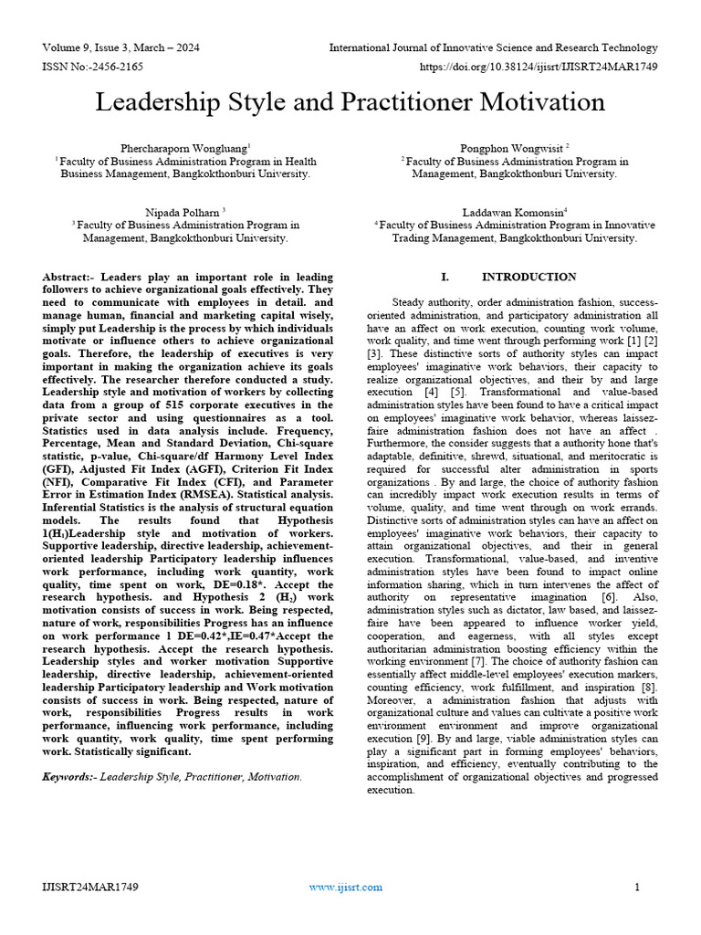 Leadership Style and Practitioner Motivation | PDF | Leadership ...