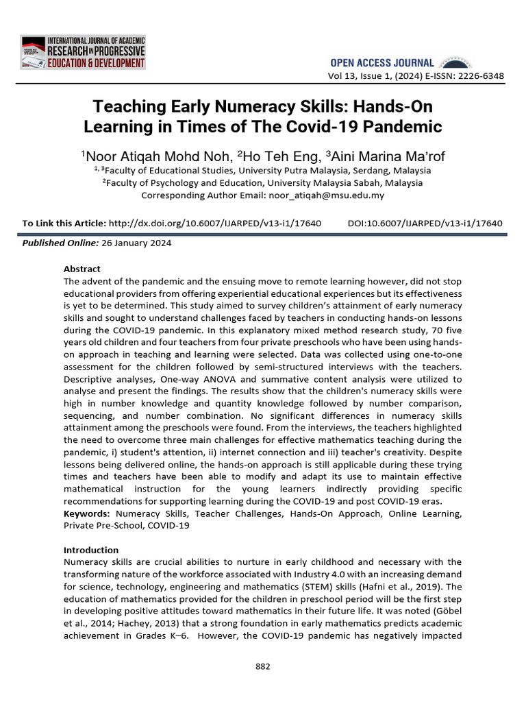 Teaching Early Numeracy Skills Hands-On Learning in Times of The Covid ...