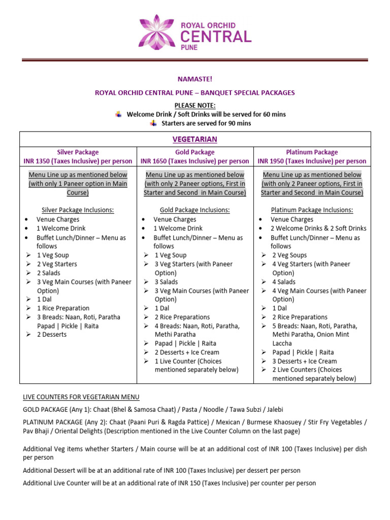 Royal Orchid Central - Weddingz in - Banquet Packages 2023 | PDF | Cakes | Tofu