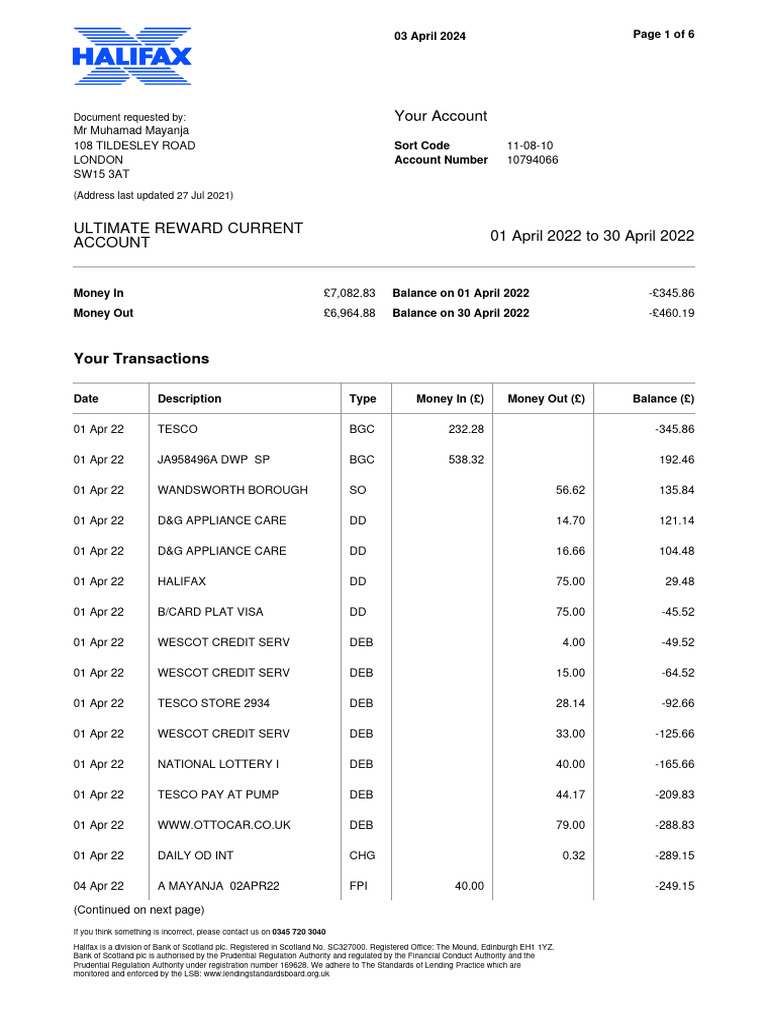 Halifax Account Statement Overview | PDF | Banks | Banking