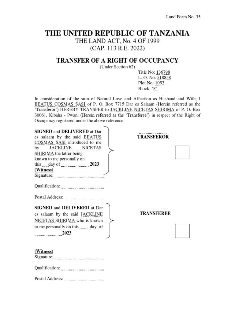 Land Form No. 35: Occupancy Transfer | PDF