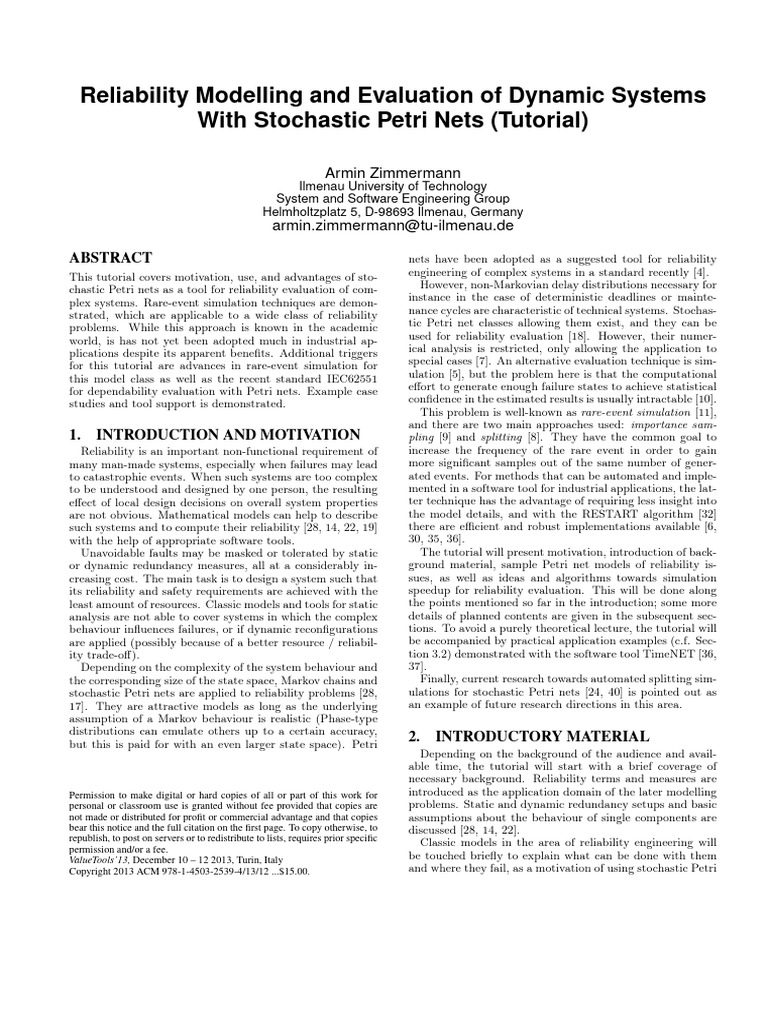 Reliability Modelling and Evaluation of Dynamic Systems With Stochastic Petri Nets | PDF ...