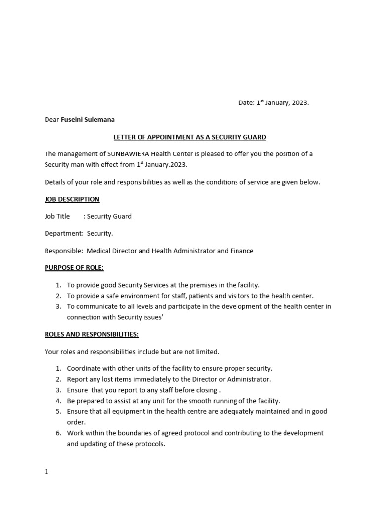 LETTER OF APPOINTMENT SECURITY | PDF | Salary | Employment