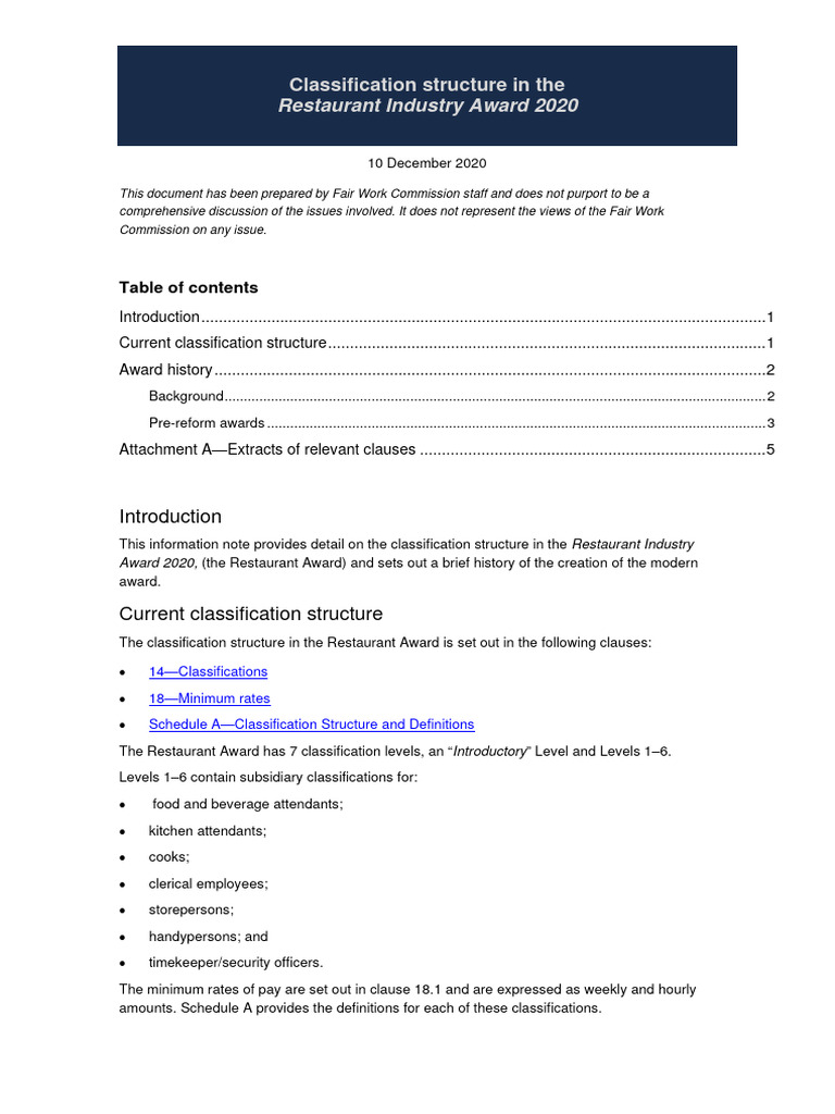 Am2020 103 Classification Structure Restaurants | PDF | Employment | Chef