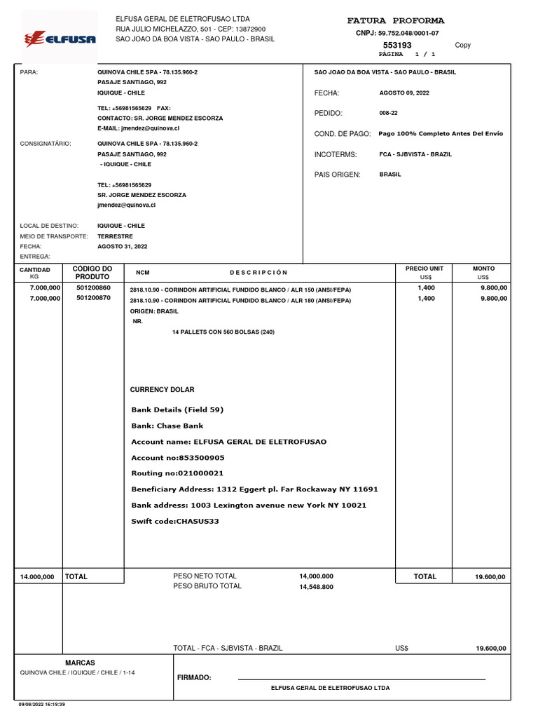 Proforma de Exportación Brasil-Chile | PDF
