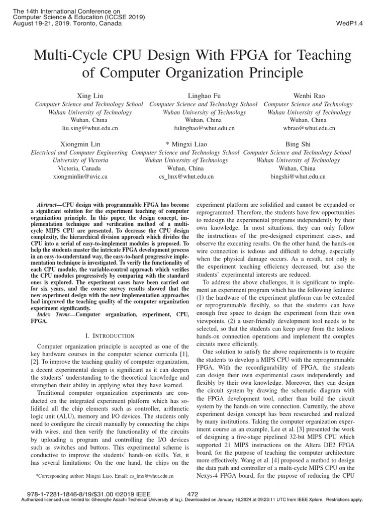 Multi-Cycle CPU Design With FPGA For Teaching of Computer Organization Principle | PDF | Central ...