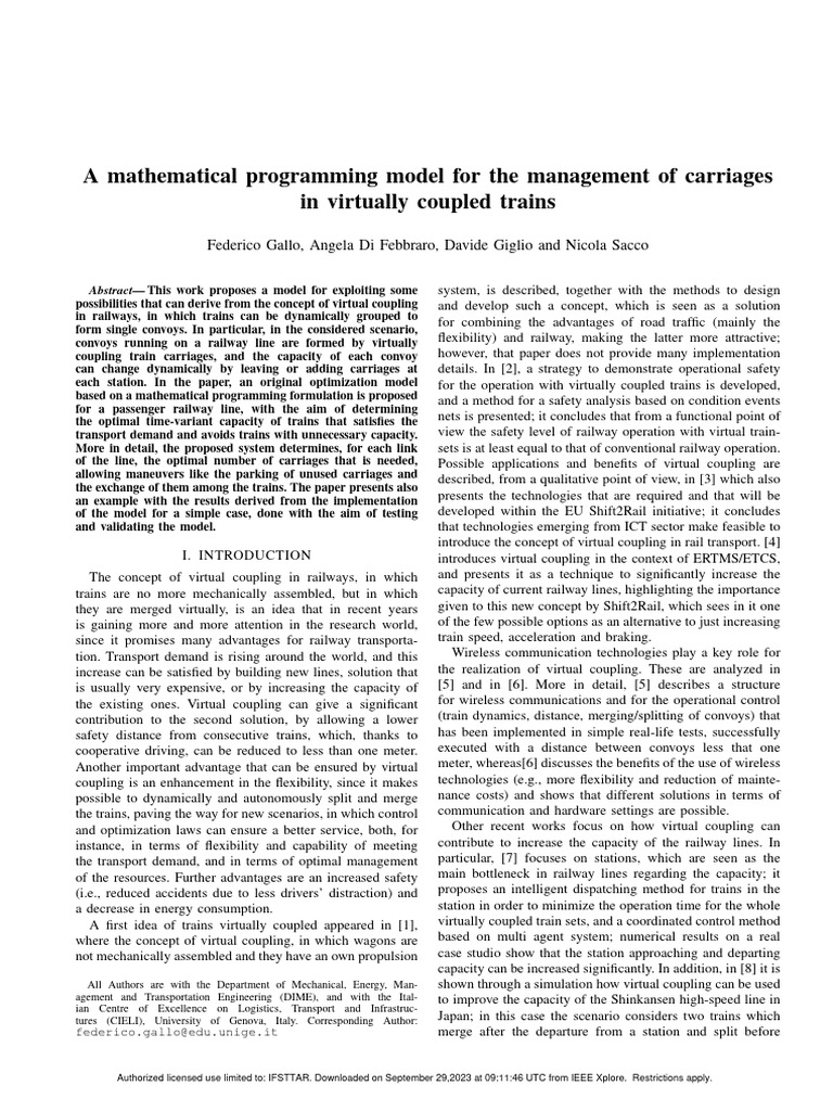 A Mathematical Programming Model For The Management of Carriages in Virtually Coupled Trains ...