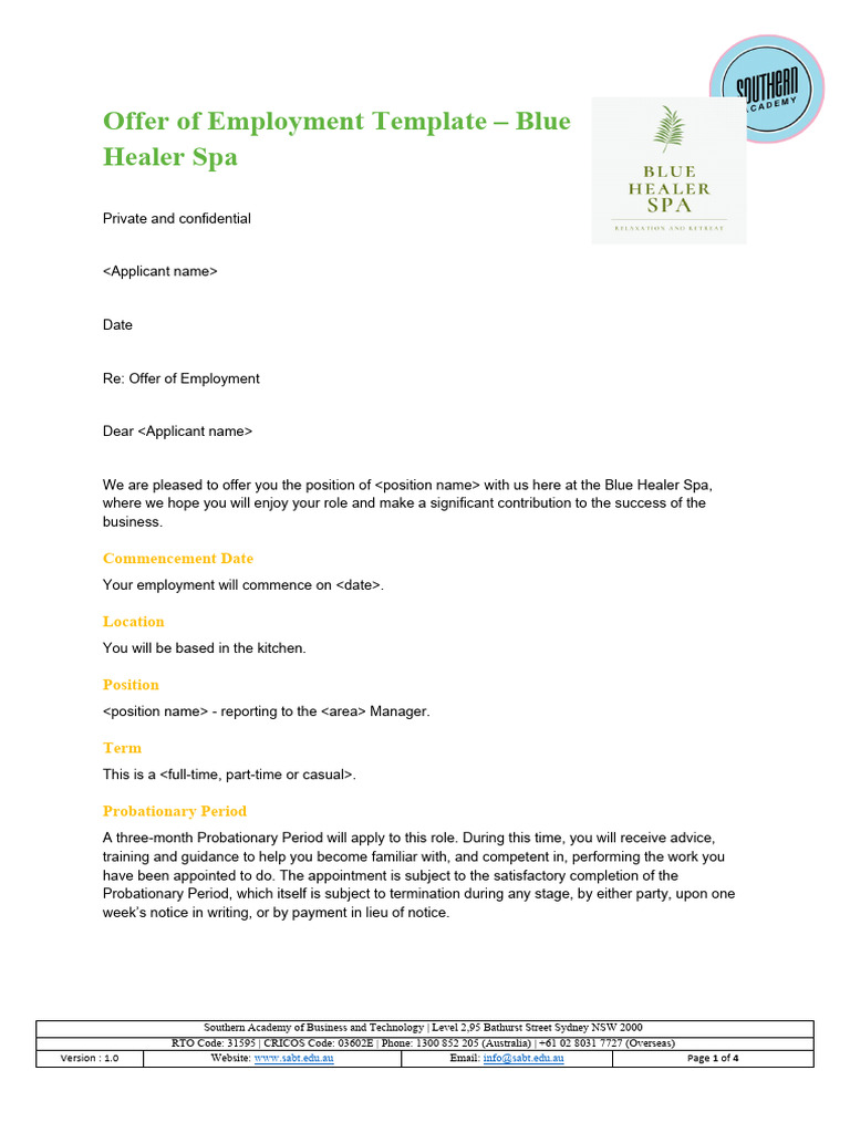 Employment Offer Template for Spa | PDF | Employment | Justice