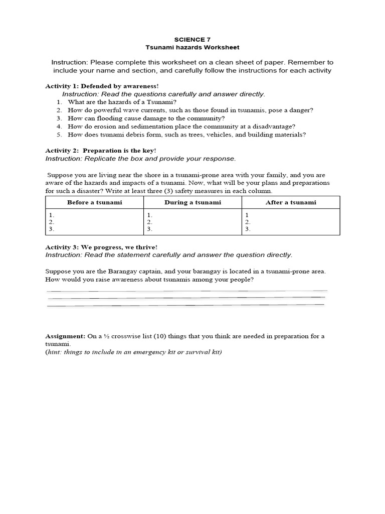 G7 Worksheet Tsunami Hazards | PDF