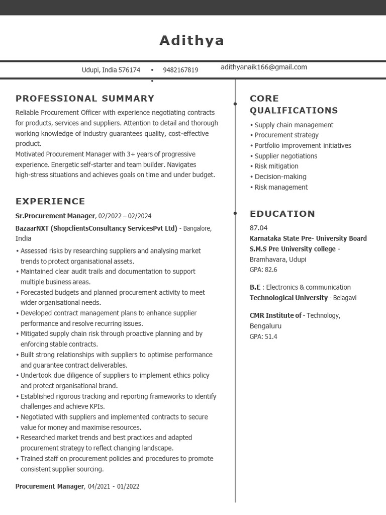 Adithya Resume Updated | PDF | Supply Chain | Procurement