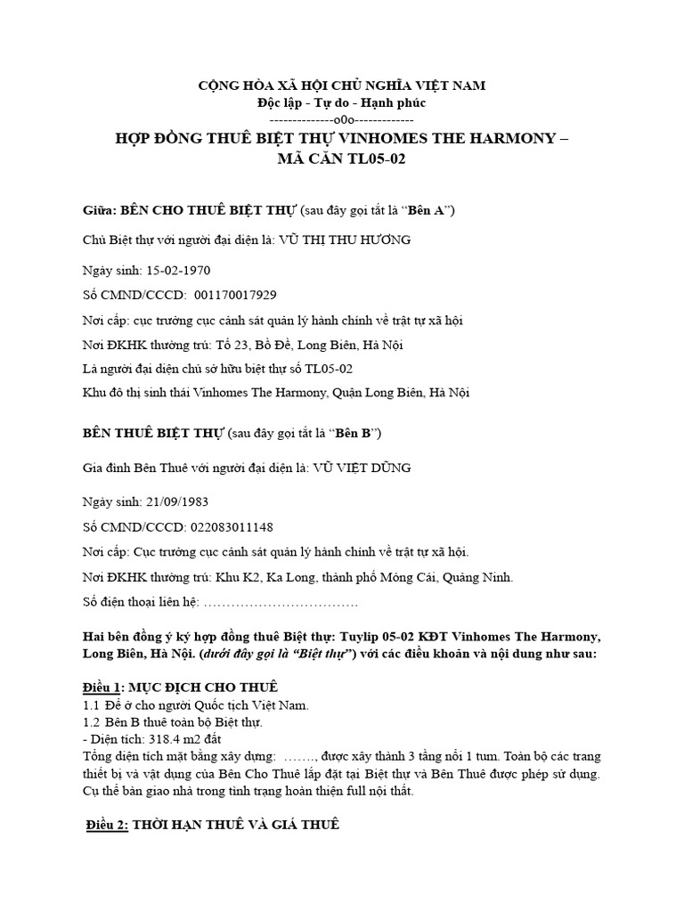HỢP ĐỒNG THUÊ BIỆT THỰ TL05 02 | PDF