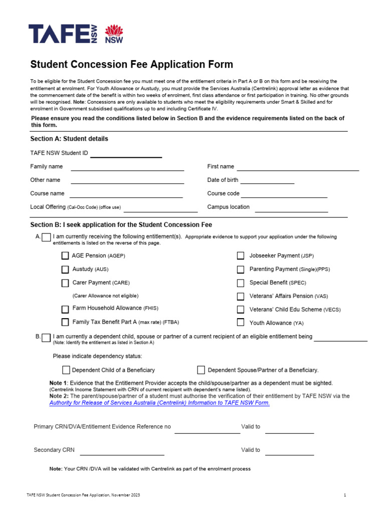 Student Concession Fee Application Form | PDF | Apprenticeship