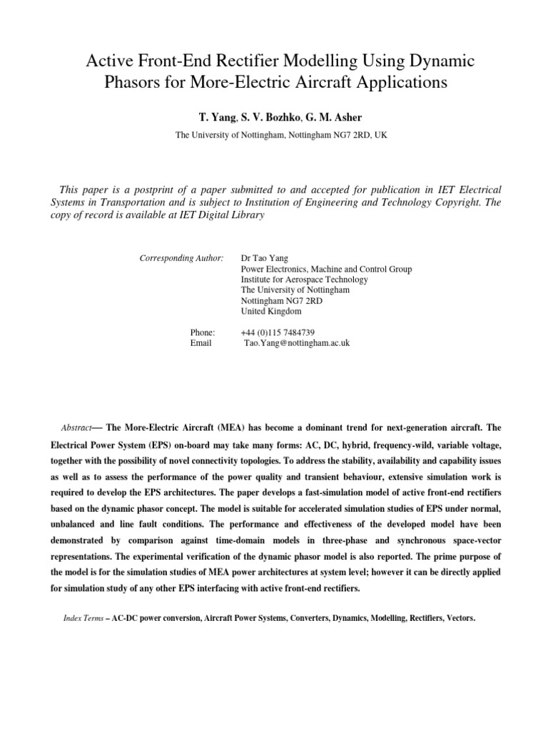 Active Front End Rectifier Modelling Using Dynamic Phasors For More Electric Aircraft