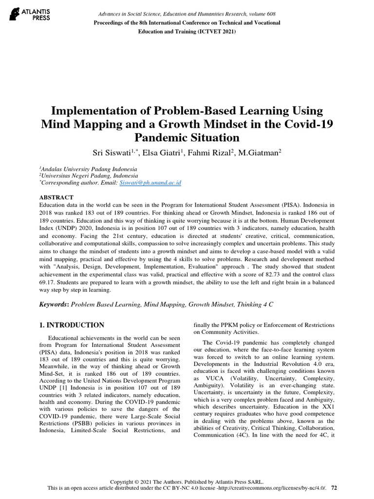 Implementation of Problem-Based Learning Using Mind Mapping and A Growth Mindset in The Covid-19 ...