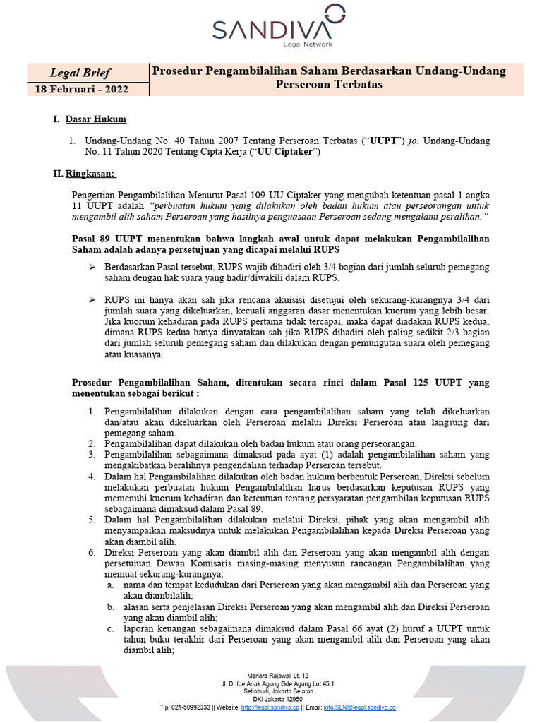 SLN - Legal Brief - Prosedur Pengambilalihan Saham Berdasarkan UUPT | PDF