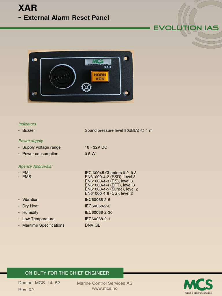 XAR External Alarm Reset Panel Specs | PDF