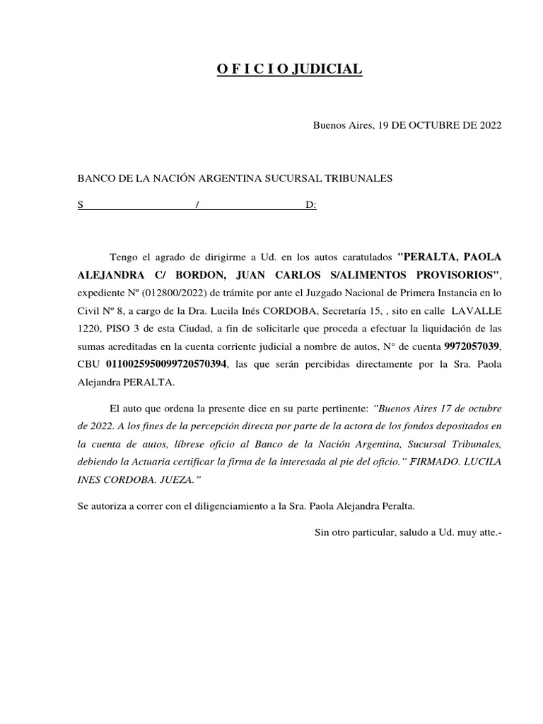 Oficio Banco Nacion | PDF | Derecho