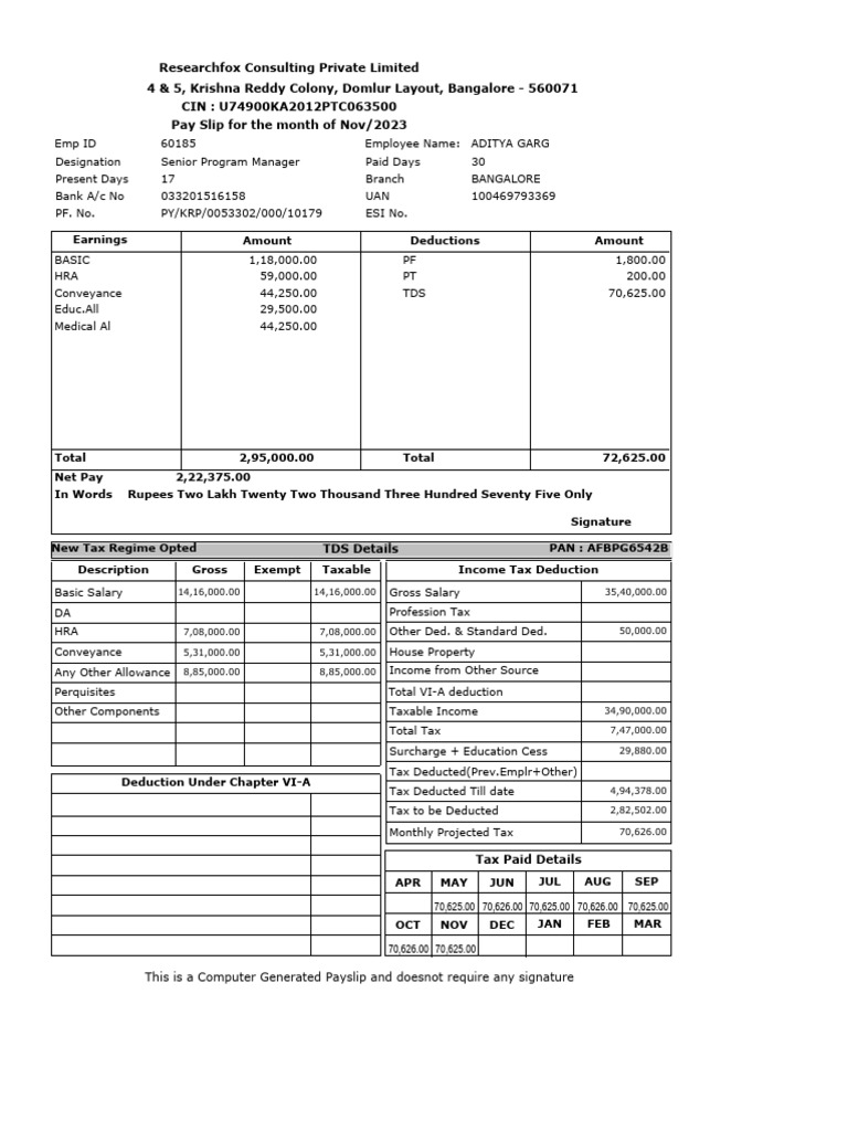Nov Salary Slip | PDF | Tax Deduction | Income