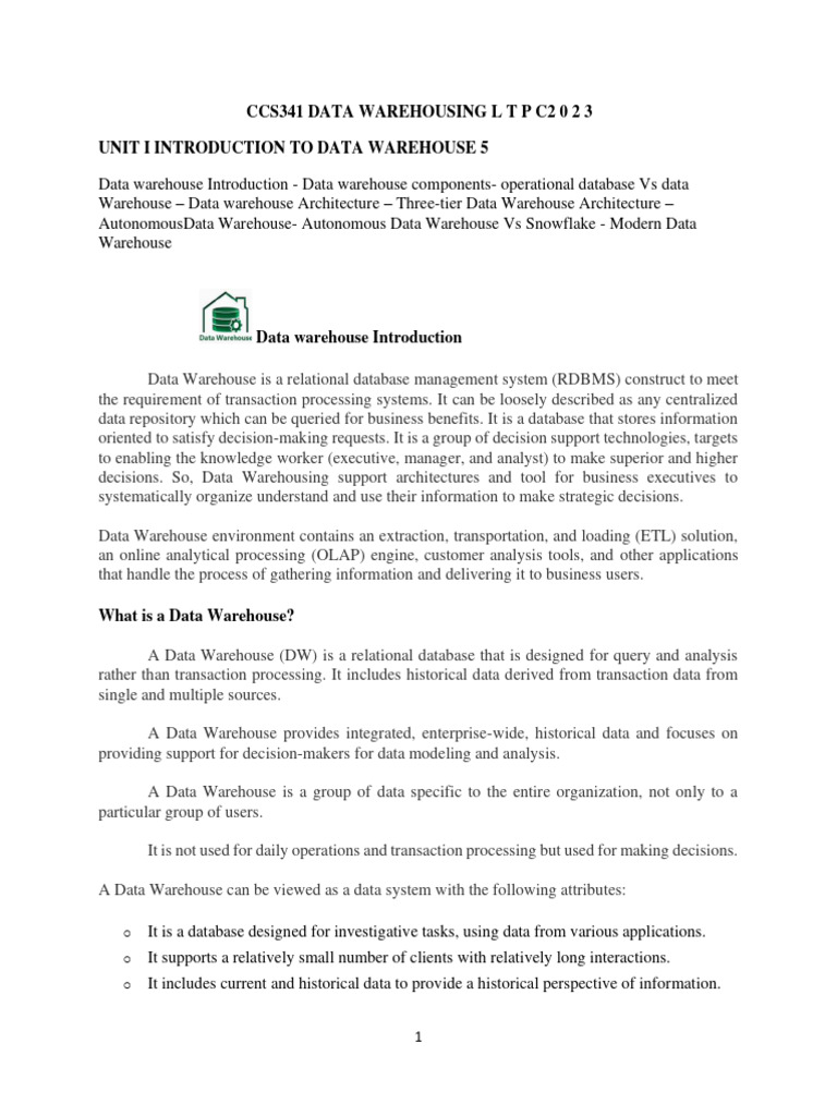 DW Unit1 | PDF | Data Warehouse | Databases