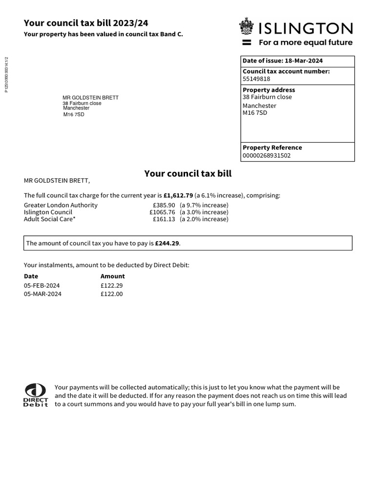 Islington Council Tax Bill 2023/24 | PDF | Cheque | Taxes