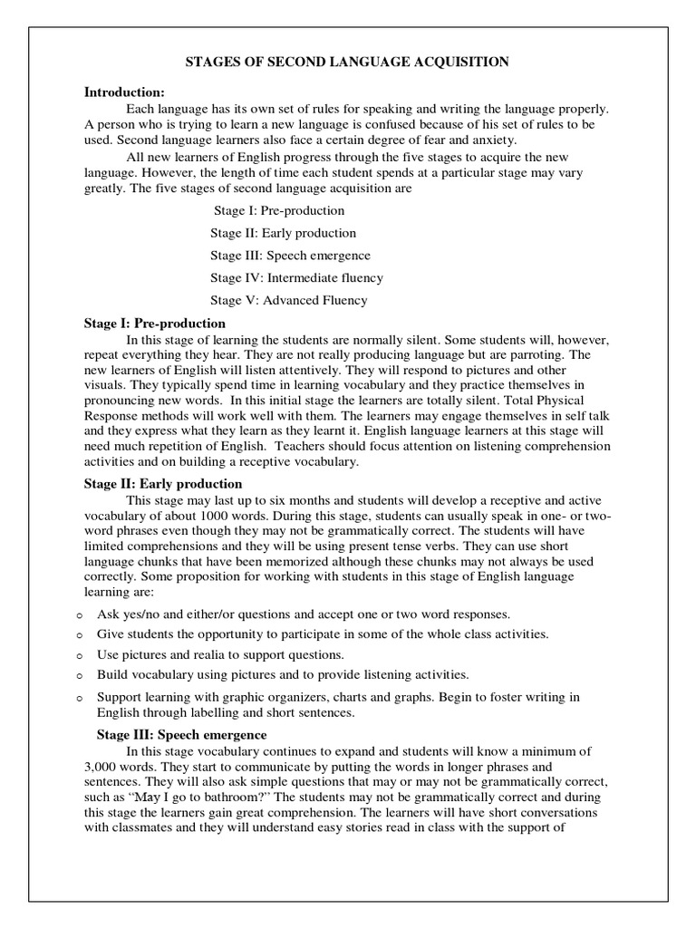Stages of Second Language Acquisition_240107_143559 | PDF | Second Language Acquisition | Fluency