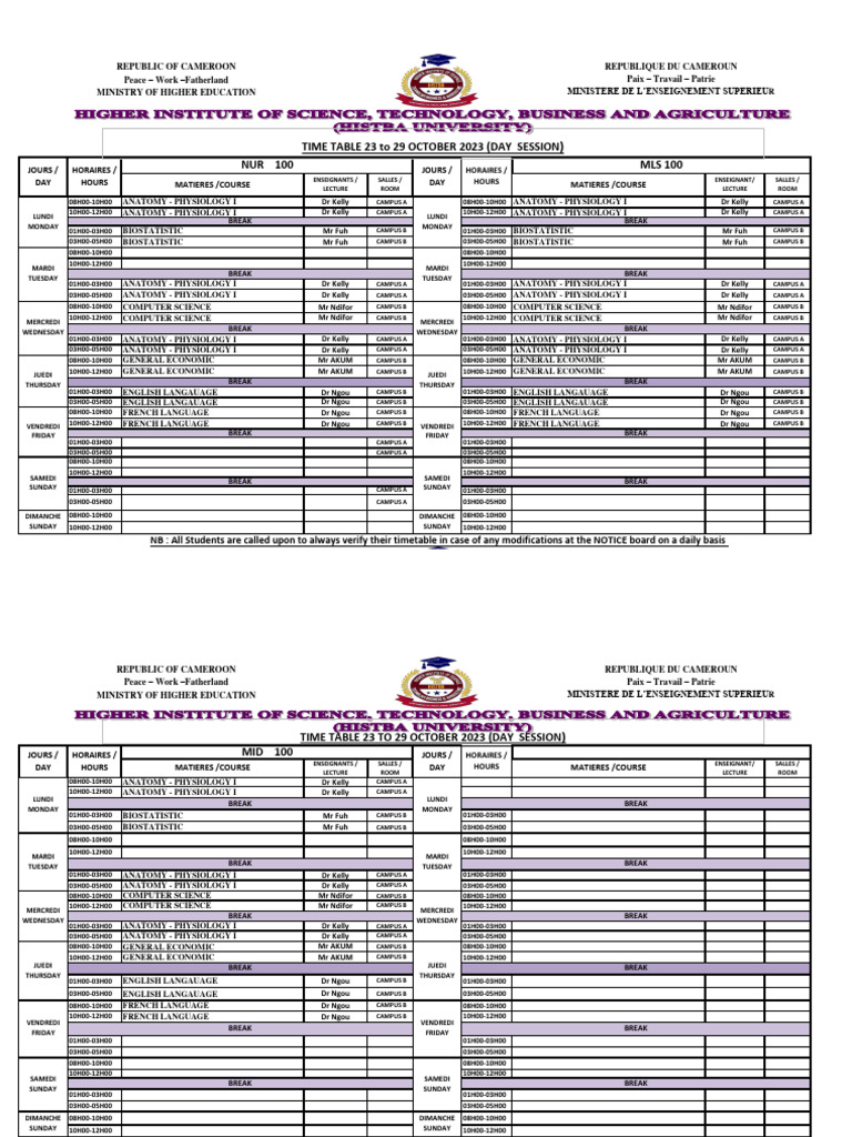 Timetable 23 To 29 Oct 23 HND 100 HEALTH | PDF