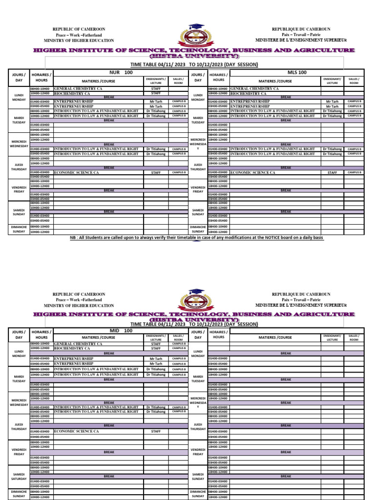 Timetable 04 Dec To 10 Dec 23 HND 100 Health | PDF