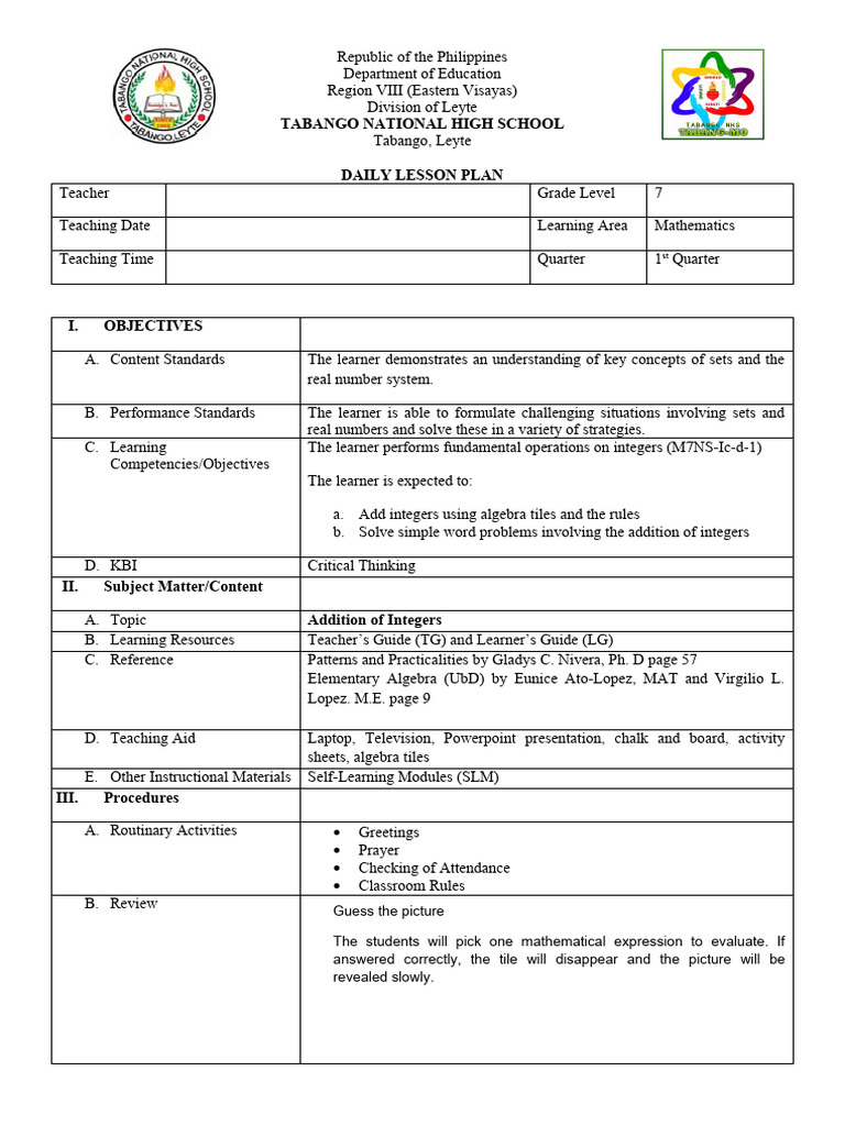 COT DLP - Addition of Integers | PDF | Numbers | Mathematics