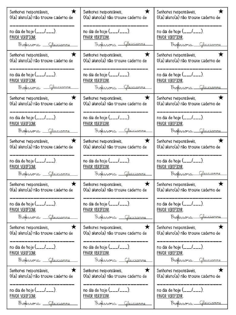 Bilhete Esqueceu o Caderno | PDF