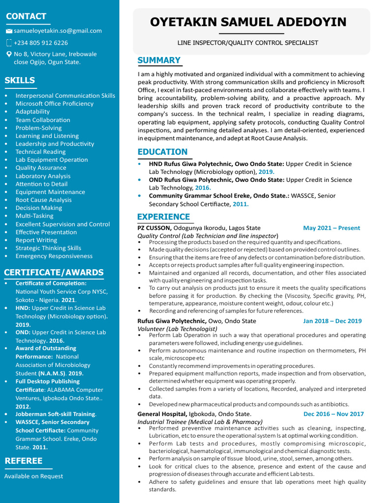 Samuel Resume-1 | Download Free PDF | Laboratories | Science