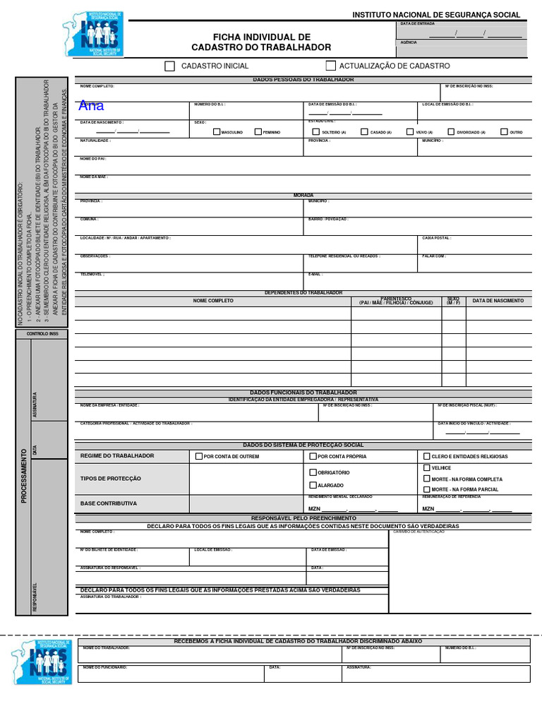 Modelo de Ficha de Inscrição Do Trabalhador Inss | PDF | Pessoal (trabalho)
