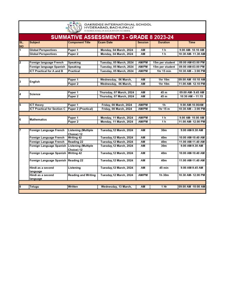 CAIE 2023-2024 Grade 8 Schedule | PDF | Student Assessment And Evaluation | Qualifications
