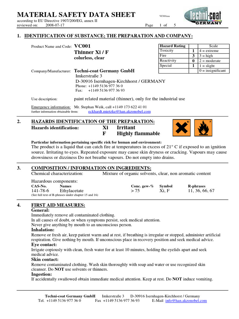VC001 Thinner Safety Data Sheet | PDF | Water | Firefighting
