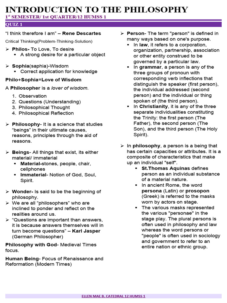 Philosophy Quiz 1 | PDF | Reason | Soul