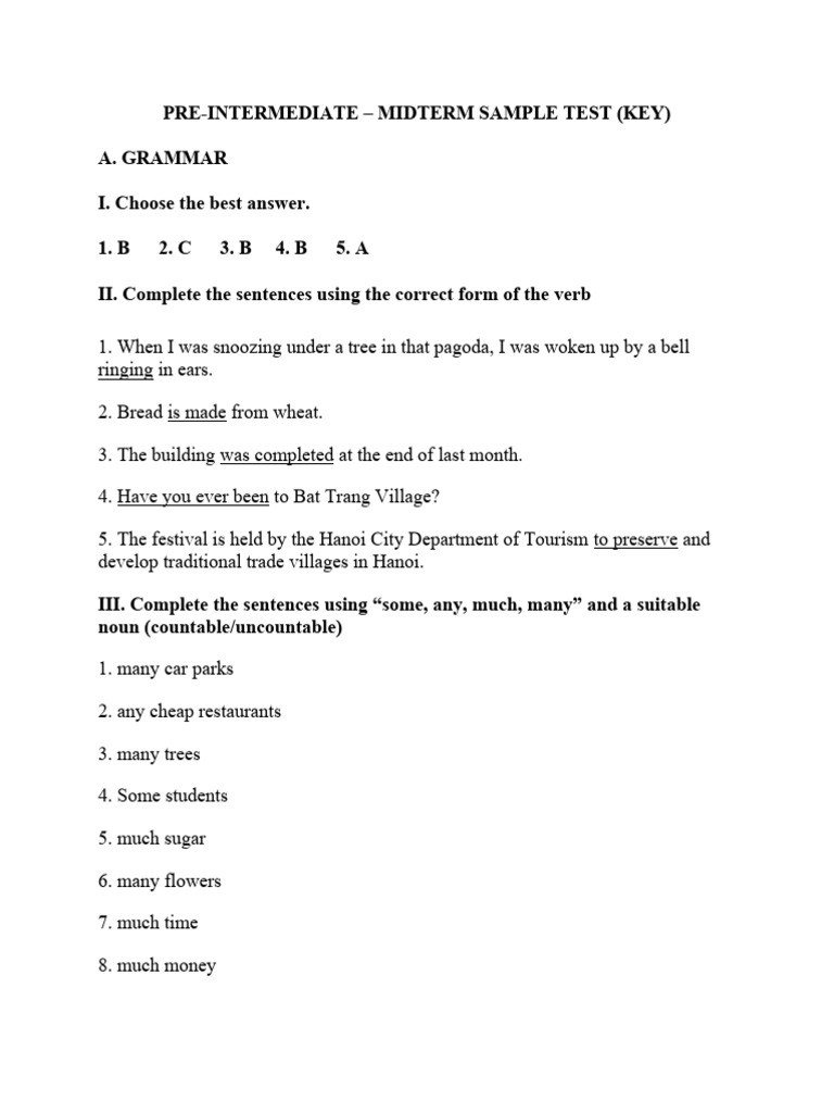 Key - Sample Pre-Intermediate- Midterm | PDF