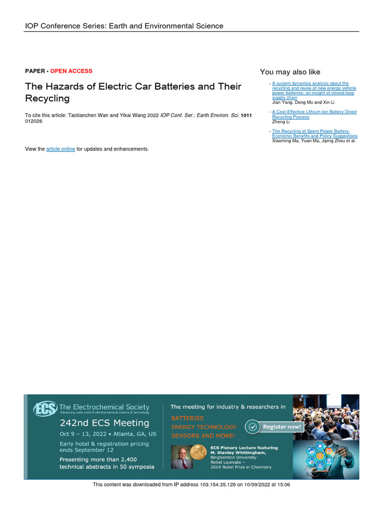 Hazards of Electric Car Batteries | PDF | Rechargeable Battery ...