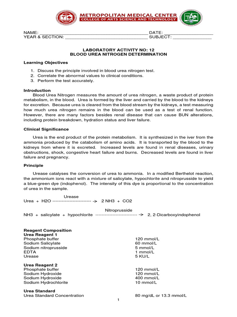 LABORATORY ACTIVITY NO. 12 BLOOD UREA NITROGEN | PDF | Urea | Kidney