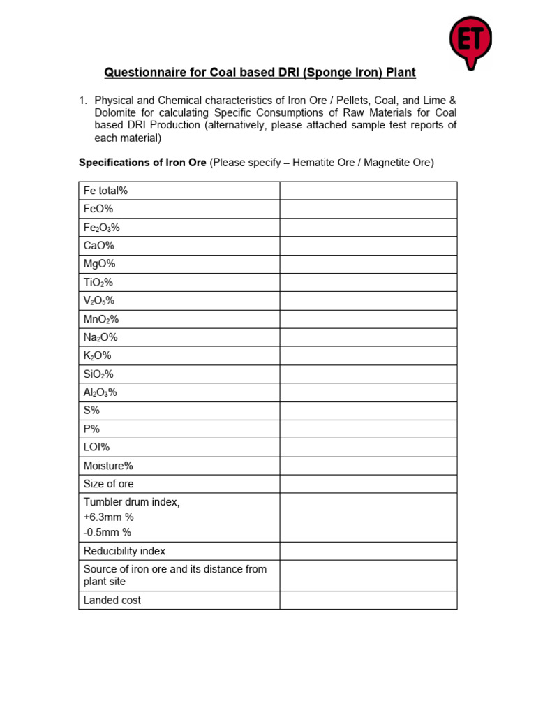Questionnaire for DRI Plant-Coal based (1) | PDF