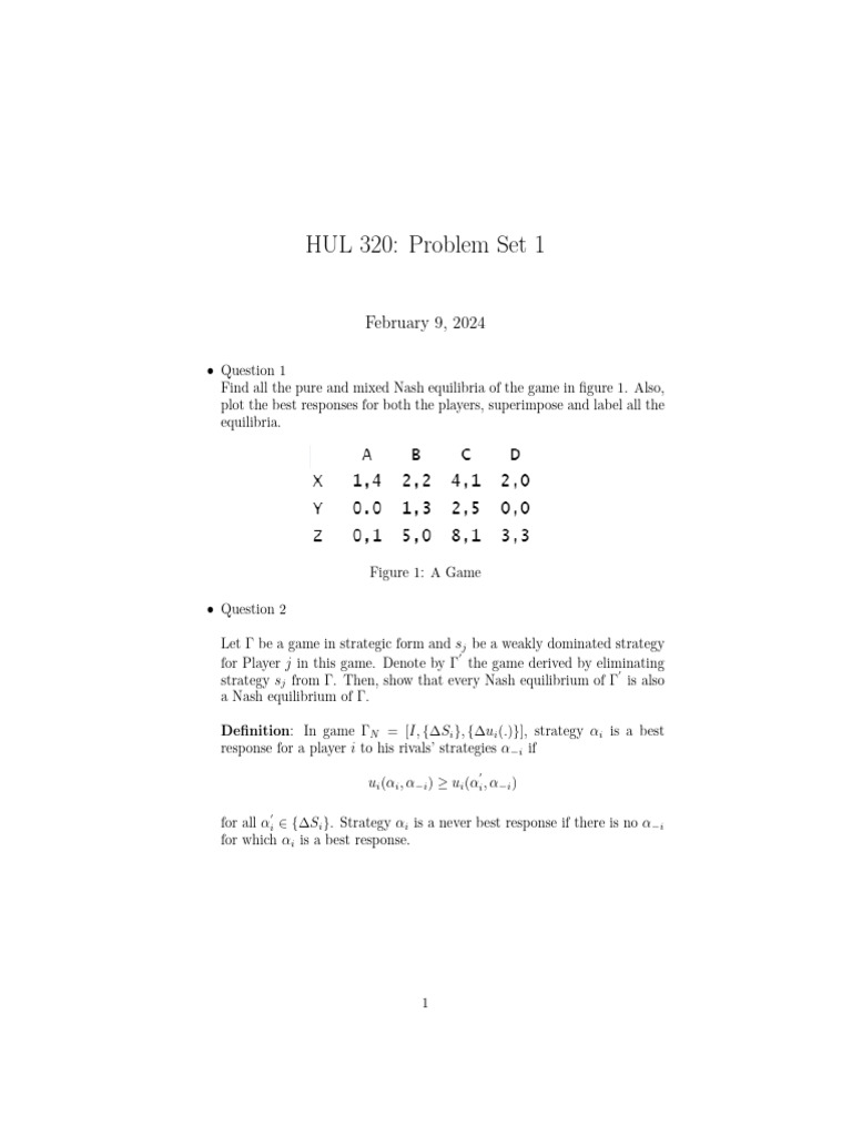 HUL 320 Problem Set 1 | PDF | Economic Equilibrium | Gaming