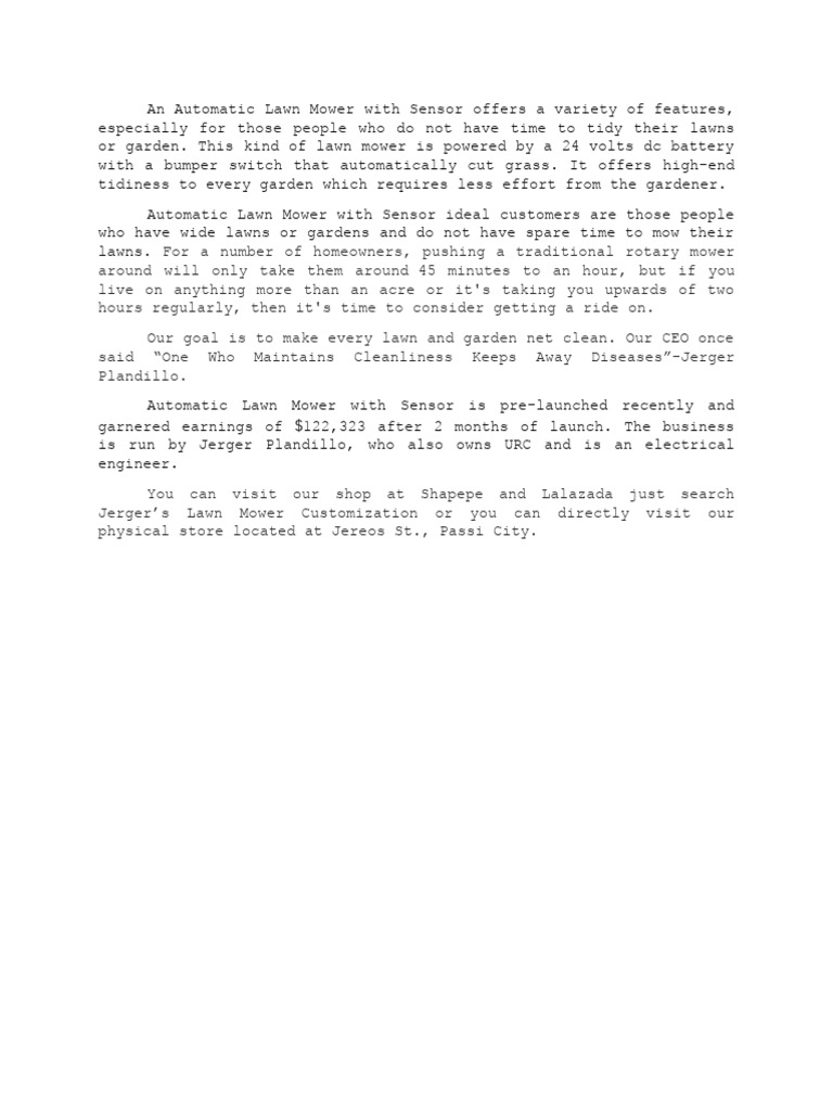 An Automatic Lawn Mower With Sensor Offers A Variety of Features | PDF