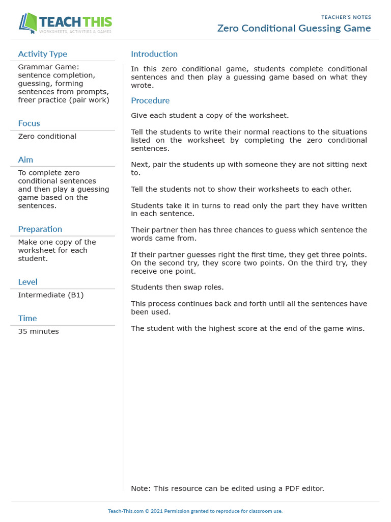 Zero Conditional Guessing Game Activity | PDF