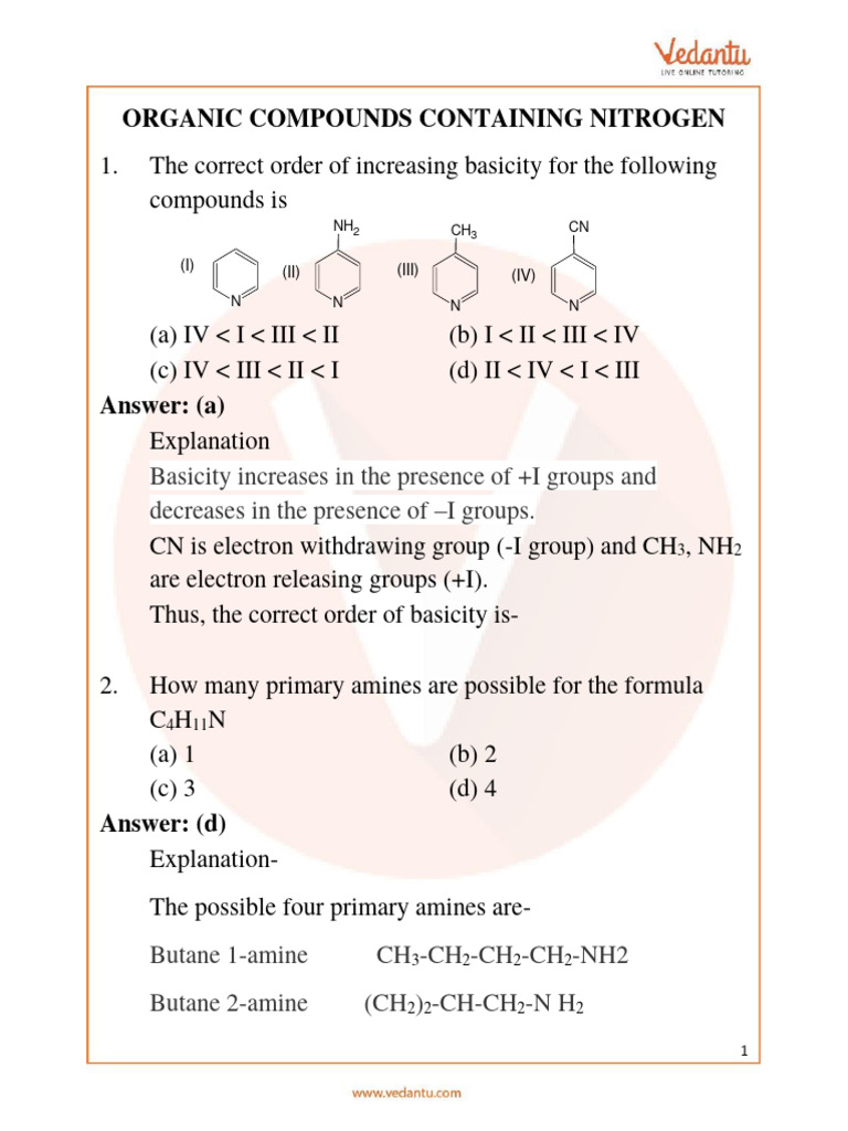 NEET Organic Compounds Containing Nitrogen Important Questions | PDF ...