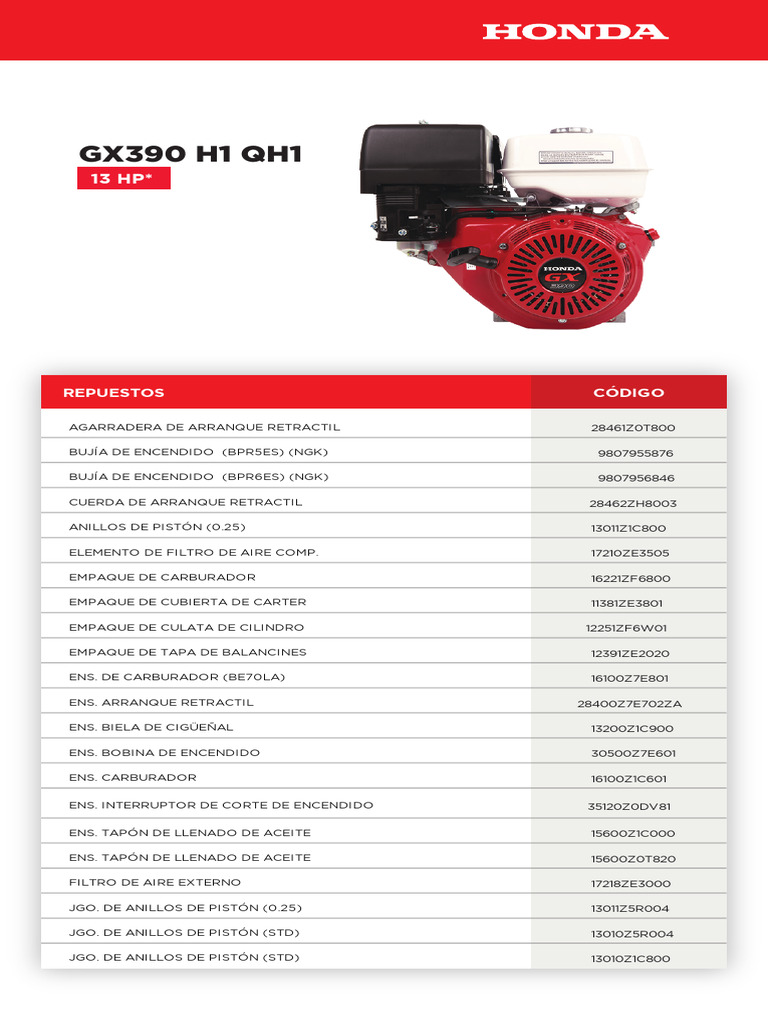GX390 H1 QH1: Especificaciones Técnicas | PDF | Pistón | Propulsión