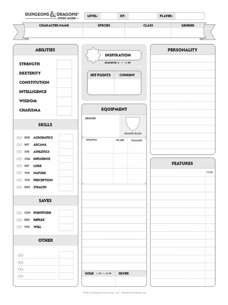 DND Story Mode Character Sheet | PDF