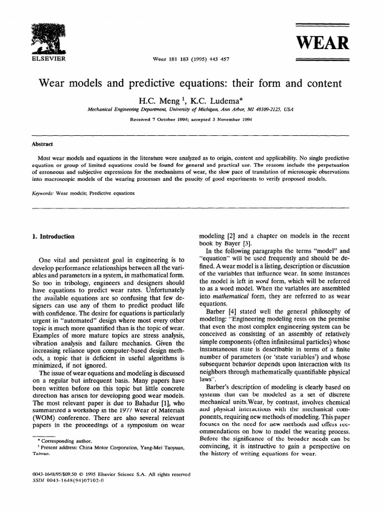 Wear Models and Predictive Equations - Their Form and Content | PDF ...