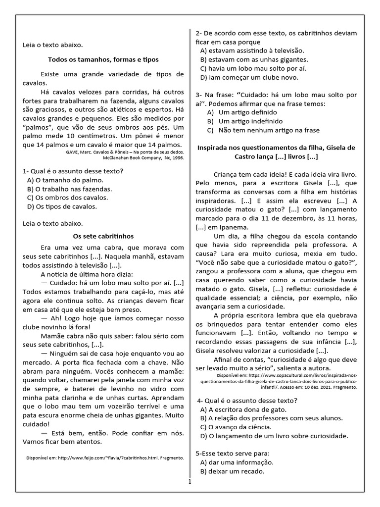 4 P.D - 2022 - Port. - 4º Ano - BPW | PDF | Cavalos | Gatos